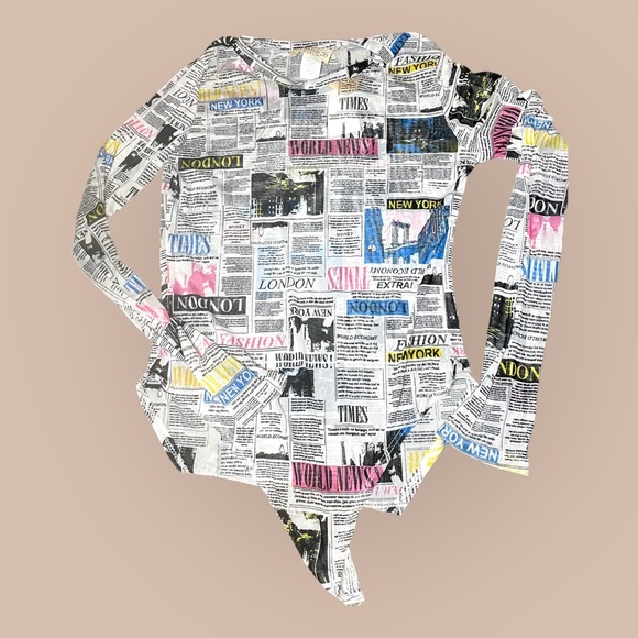 Discovery | Tops | Nwt Newspaper Long Sleeve Bodysuit M | Poshmark
